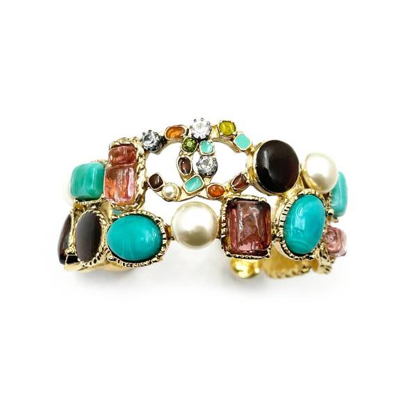 CHANEL | Jewelry | Chanel Gold Cc Gemstone Cuff Bangle Bracelet | Poshmark